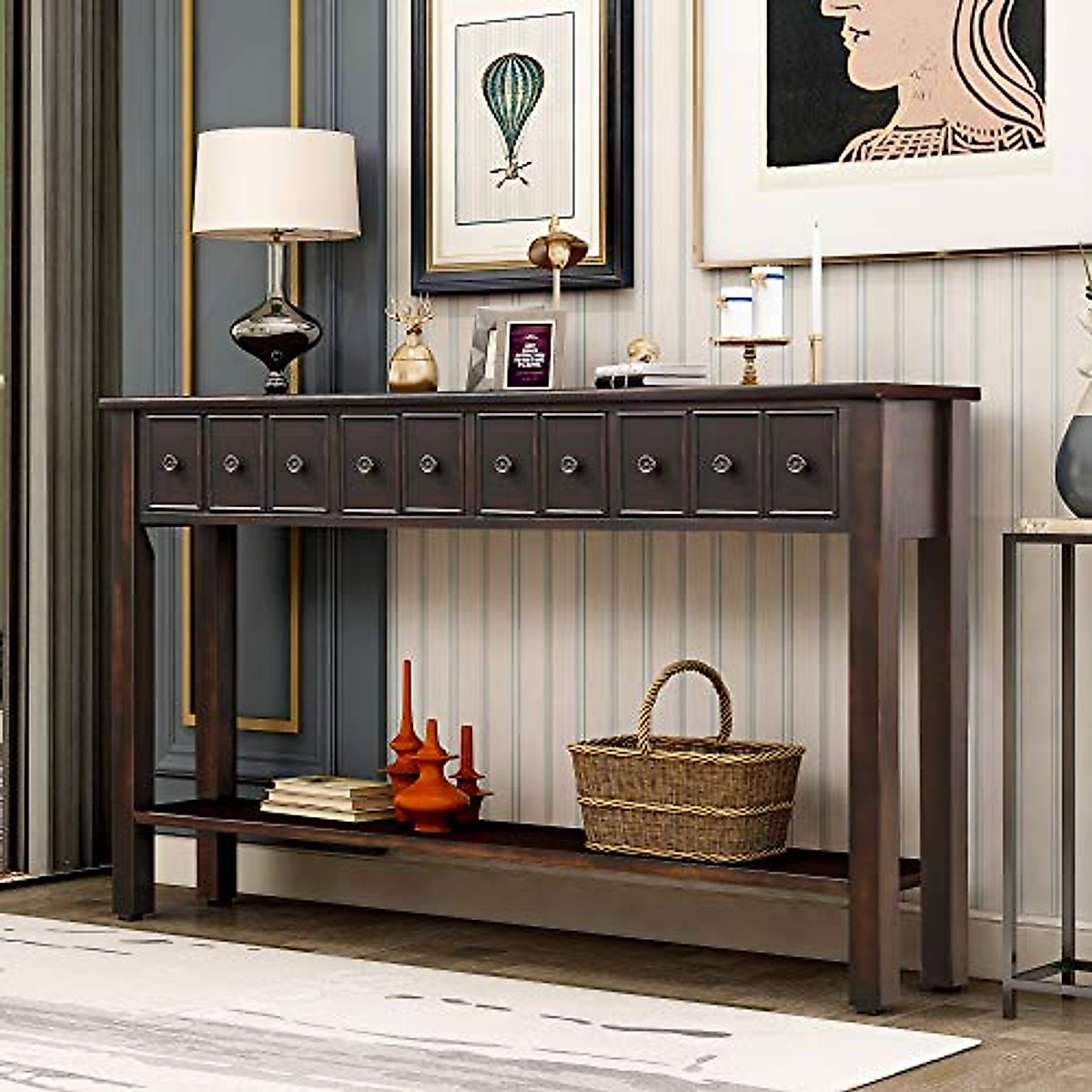 Lifeand Rustic Entryway Console, 60" Long Sofa Table with Two Different Size Drawers and Bottom Shelf for Storage, Black