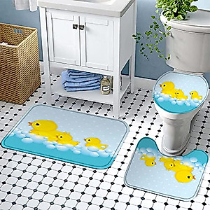 EARVO Cute Yellow Duck Taking Bath Shower Curtain 4Pcs Bath Sets with Non-Slip Rugs U-Shaped Mat Toilet Lid Cover for Kids Baby Bathroom Decor 71x72 inches Polyester Fabric 12 Hooks SETMYEA34