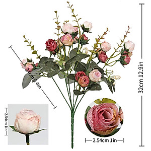 Flojery 21 Heads Silk Rose Bouquet Artificial Flowers Mini Rose for DIY Wedding Bouquets Centerpieces Bridal Shower Party Home Decorations,Pack of 4 （Pink）