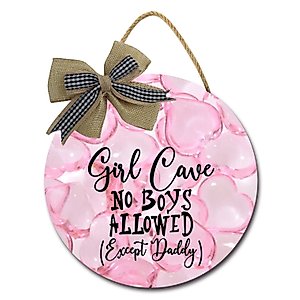 Isaric Girl Cave Sign, Girls Room Decorations for Bedroom, Wood Decoration Hanging Sign, High Precision Printing, Kids Room Signs for Door, No Boys Allowed Sign, Room Decor 11In（With bow）