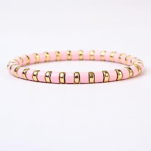 KELMALL Baby Pink Tile Enamel Rainbow Bead Surfer Bracelets Colorblock Stackable Stretch Bohemia Bangle Bracelet for Women Men Girls Size 7.3 Inch