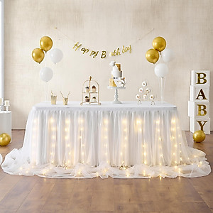 leegleri White Tulle Table Skirt for Baby Shower,6FT White Ruffle Tutu Table Skirt with LED Light for Wedding Bridal Shower Baby Shower Baptism Birthday Party Banquet Decoration