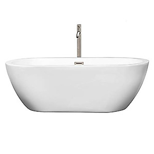Soho 68 inch Freestanding Bathtub in White with Floor Mounted Faucet, Drain and Overflow Trim in Brushed Nickel