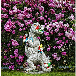Himaweek Garden Statue Outdoor Decoration, Dinosaur Eating Gnomes Figurines, Indoor Outdoor Décor Garden Art for Patio Lawn Yard, 13.5” x 7.6” Housewarming Garden Gift