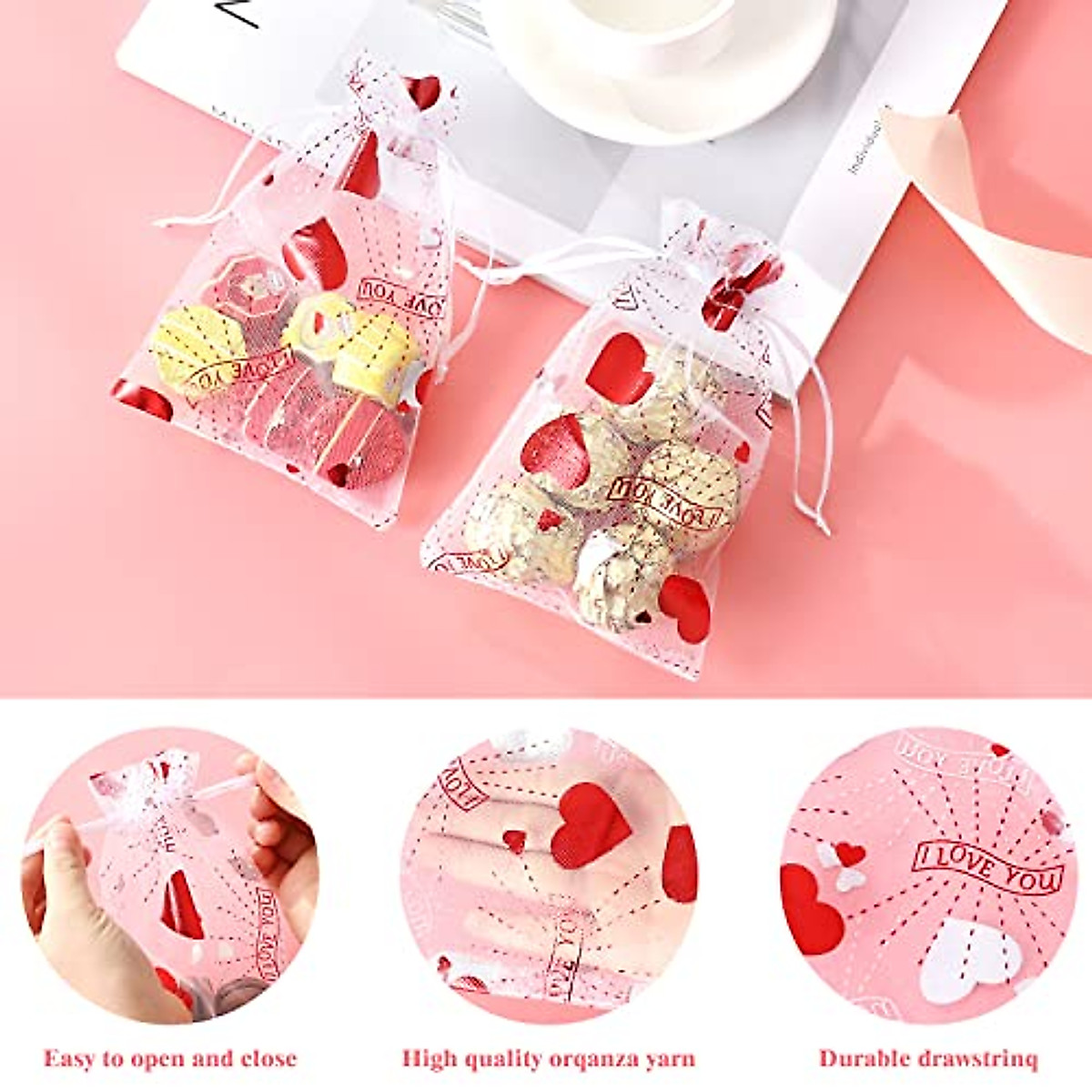 ENNIYU 100PCS Heart Organza Bags, 4x6 Wedding Favor Bags with Drawstring, Premium Mesh Jewelry Gift Bags for Valentines Candy Bags