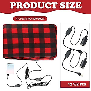 Baquler 2 Pcs Heated Car Blanket 48'' x 35.5'' 12V Portable Electric Blanket with 2 Pcs 12V to USB Adapter Electric Blanket for Car Hi/m/lo Temp for Camping Road Trip Winter Car Truck Accessory