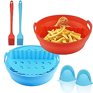 CORKAS Silicone Air Fryer Liners, Multipurpose Reusable Air Fryer Liners with Divider for 4-8.5QT, BPA free, Easy Cleaning & Heat Resistant Pot with Gloves, Oil Brush for Kitchen Microwave, 2-Pack