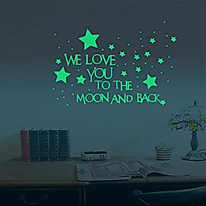 Nursery Wall Decals Glowing Words Stickers - WE Love You to The Moon and Back - Words Glow in The Dark with Stars Around Wallpaper for Kids Bedroom Ceiling