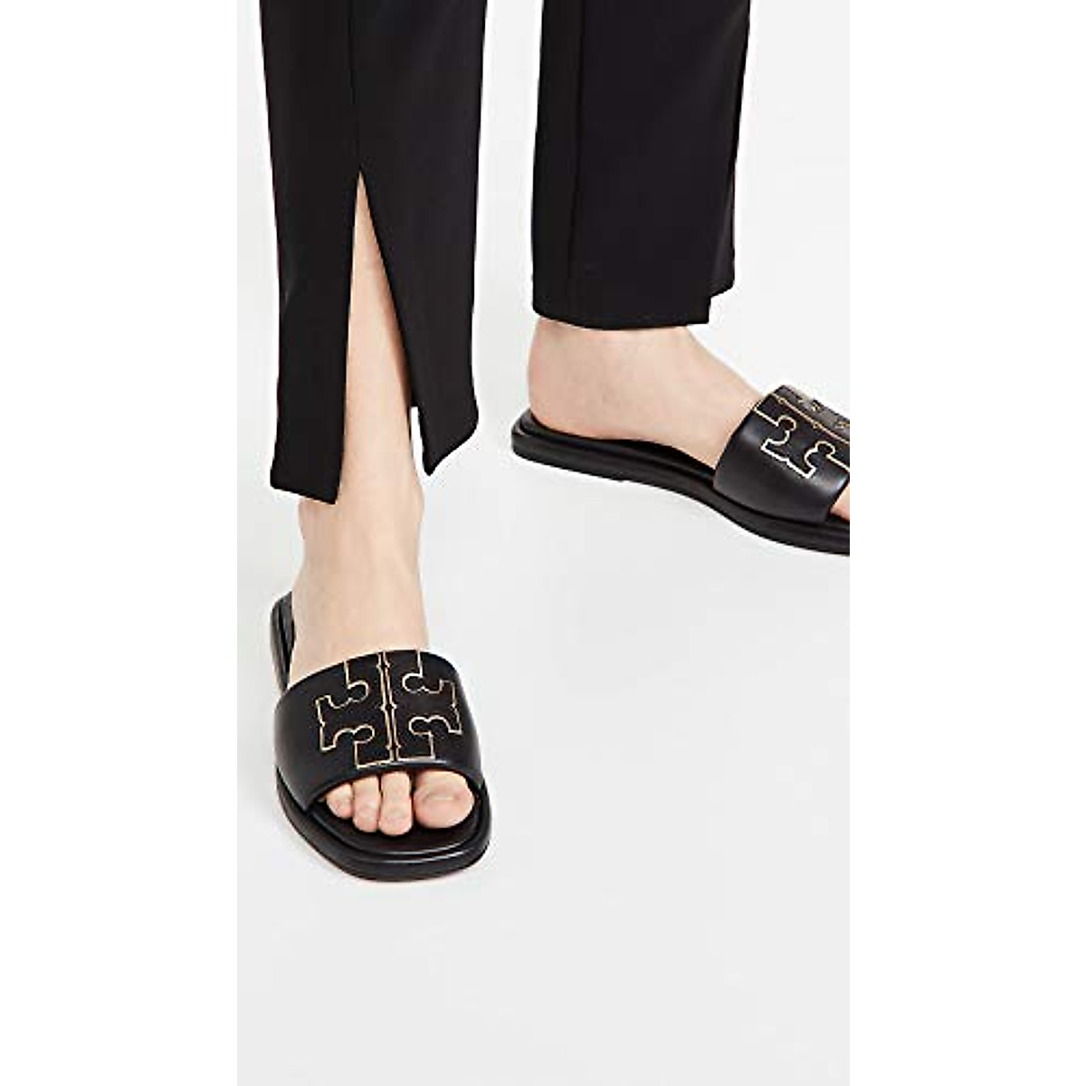 Tory Burch Women's Double T Sport Slides, Perfect Black/Gold, 11 Medium US