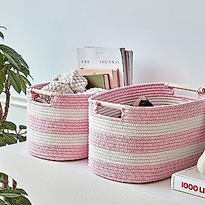 R RUNKA Decorative Storage Baskets - 15"x10.2"x9.1" Cube Storage bins for Organizing Shelves, Entryway, Closet - Versatile Baskets for Books, Towels,Toys - Pink Gift Basket for Girls - White & Pink