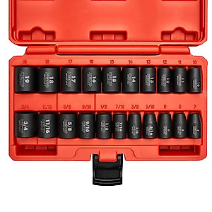 NEIKO 02432A 3/8” Drive SAE and Metric Impact Socket Set | 21 Shallow Pieces | SAE 5/16” to 3/4” | 7mm to 19mm | Premium Cr-V Steel | 6-Point Hex Design | Corrosion Resistant Coating