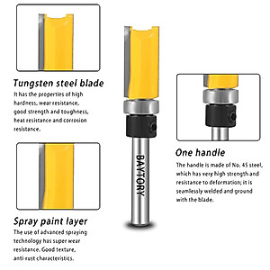 BAYTORY Professional Pattern Flush Trim Router Bit Set with 1/4 inch Shank, 4Pcs 1/2" Cutting Diameter Carbide Bits with Top Bearing Prevent Tear-Out, Template Guide Woodworking Milling Cutter Tool