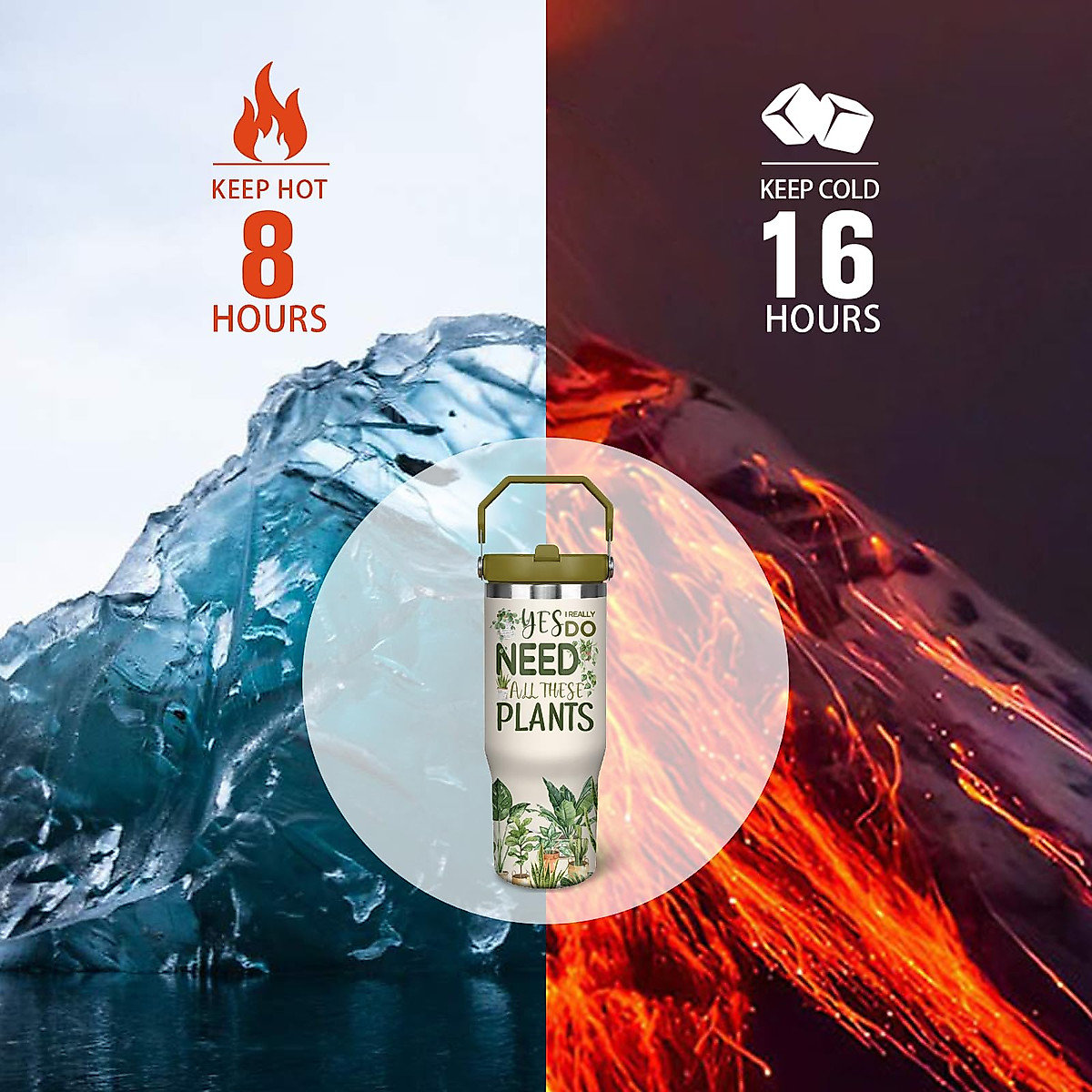 30oz Plant Tumbler with Handle and Straw, Green Plant Stainless Steel Vacuum Insulated Flip Straw Coffee Cups Spill Proof Travel Mug, Plant Gifts for Plant Lovers Gardeners, Gardening Gifts for Women