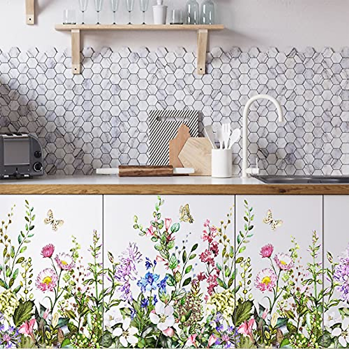 Colorful Flowers Wall Stickers, ULENDIS Peel and Stick Green Plants Flower Grass Butterfly Wall Decals, DIY Removable Wall Art Sticker Decals Decor for Kids Babys Bedroom Living Room Nursery