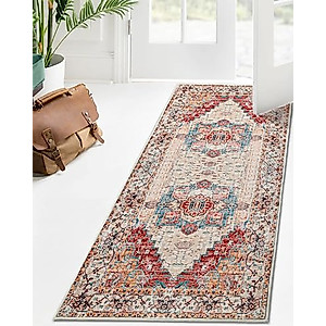 Comeet Washable Runner Rug - 2x6 Boho Hallway Runner Rug, Non-Slip Kitchen Bathroom Runner Rugs, Long Vintage Accent Area Rug for Entryway Laundry Bedroom Orange/Blue