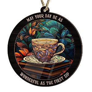 Artsy Woodsy Christmas Decor Coffee Cup Books Book Tea Suncatcher Wooden Ornaments for Christmas Tree Decorations, Rear Mirror Car Accessories, Unique Gifts for Him Men Her Women (01)