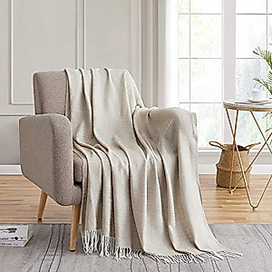 BOURINA Decorative Diamond Lattice Faux Cashmere Fringe Throw Blanket Lightweight Soft Cozy for Bed or Sofa Farmhouse Outdoor Throw Blankets, 50" x 60", Beige