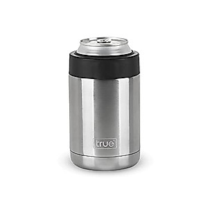 True Capsule Insulated Can Cooler Tumbler - Double Walled Stainless Steel Beverage Holder for Standard Cans and Bottles, Silver and Black, Set of 1