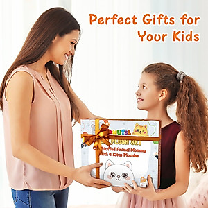 KMUYSL Cat Stuffed Animals Toys for Ages 3 4 5 6 7 8+ Years Old Kids - Mommy Cat with 4 Baby Kitty in Her Tummy, Idea Xmas Birthday Gifts for Baby, Toddler, Girls, Boys