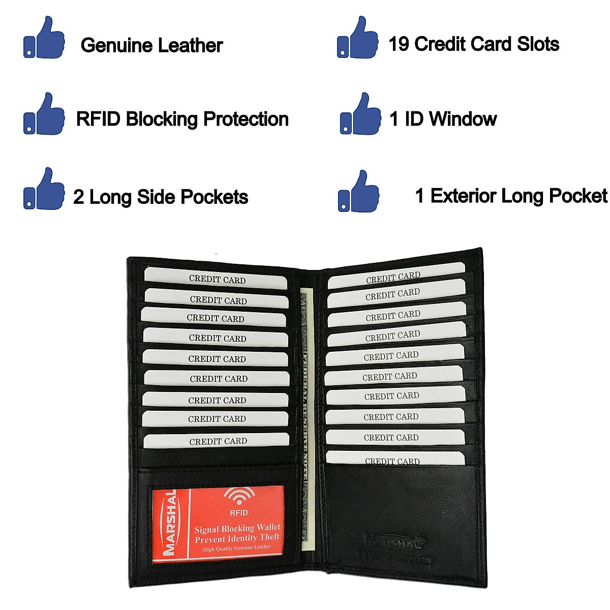 Marshal Bifold Leather RFID Blocking Wallet For Men & Women | Genuine Leather Holder With 19 Slots, 2 Bill Compartments & ID Window For Credit/Debit Cards, Money & More (Black)