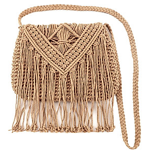 Meyaus Women Small Fringed Cotton Crochet Cross-body Bag Bohemian Shoulder Bag Purse