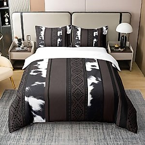 Manfei Cowhide Print 100% Nature Cotton Duvet Cover Queen Size,Farmhouse Animals Cow Skin Print Super Soft Bedding Set,Tribal Geometric Stripes Comforter Cover Bedding 3 Piece (No Comforter)