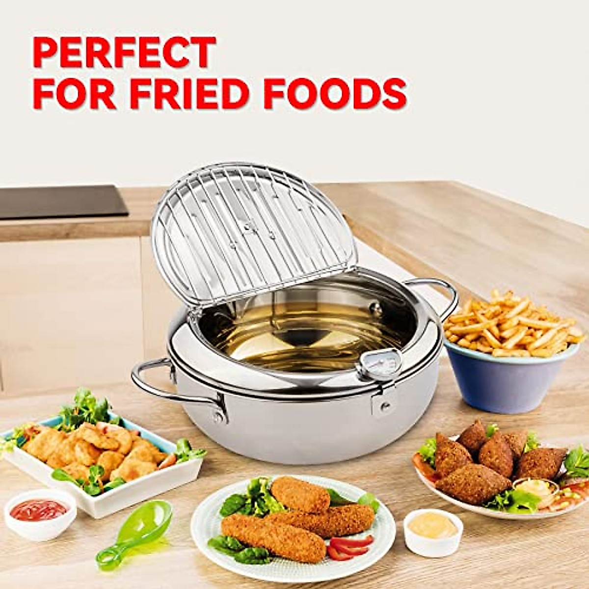 Kerilyn Deep Fryer Pot, 11 Inch/4.2 L Janpanese Style Tempura Frying Pot with Lid, 304 Stainless Steel with Temperature Control and Oil Drip Drainer Rack, for Kitchen French Fries, Chicken etc