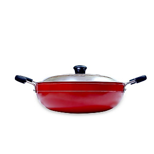 SRIYUG Aluminium Non Stick Coating Kadai Round Bottom Deep Fry Pan with Stainless Steel Lid Deep Fry Kadhai Non Stick Karhai Free Scrubber And Wooden Spatula. (2 Ltr)