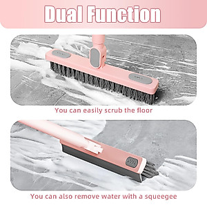 KZKR Floor Scrub Brush with Squeegee,Grout Brush with Telescopic Long Handle,V-Shape Floor Scrubber Brush with Scrape Stiff Bristle Shower Tile Grout Cleaning Tool for Kitchen Bathroom Baseboard Deck