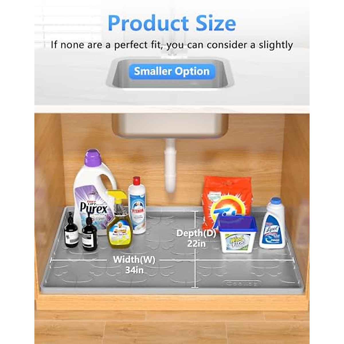 Waterproof Under Sink Mat for 34" x 22" Cabinet Protector, Silicone Sink Mat for Kitchen and Bathroom, Easy to Clean Kitchen Cabinet Liner Under Sink Drip Tray for Leaks