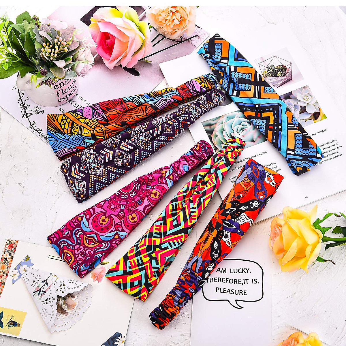 WILLBOND 9 Pieces African Headbands Stretchy Boho Print Hairband Yoga Running Sports Workout Head Grip Band Elastic Turban for Women Girls Hair Accessories (Chic Pattern)