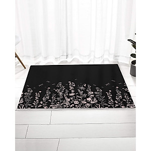 Black Flower Plush Rug Non Slip Bath Mat, Soft Shaggy Long Fur Fuzzy Bath Rugs 16" x 24" Vintage Floral Aesthetic Leaves Dragonfly Carpet Mat for Bathroom Shower Home
