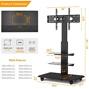 5Rcom Mobile TV Cart Portable TV Floor Stand Rolling with Wheels and Swivel Mount for 32 37 40 42 47 50 55 60 65 inch LED LCD Flat or Curved Screens TVs up to 110lbs Media Shelf Storage, Black