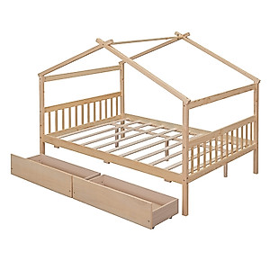 Full Size House Bed with 2 Storage Drawers Wooden Kids Montessori House Bed Frame Wood Playhouse Tent Bed for Girls Boys Teens, Natural