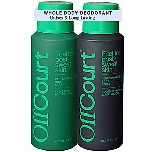 OffCourt Natural Body Spray for Men with Prebiotics - Deodorizing Mens Body Spray - Aluminum-Free Spray Deodorant for Full-Body Use - Multi-Pack with Sandalwood and White Musk, 3.4 Ounce (Pack of 2)