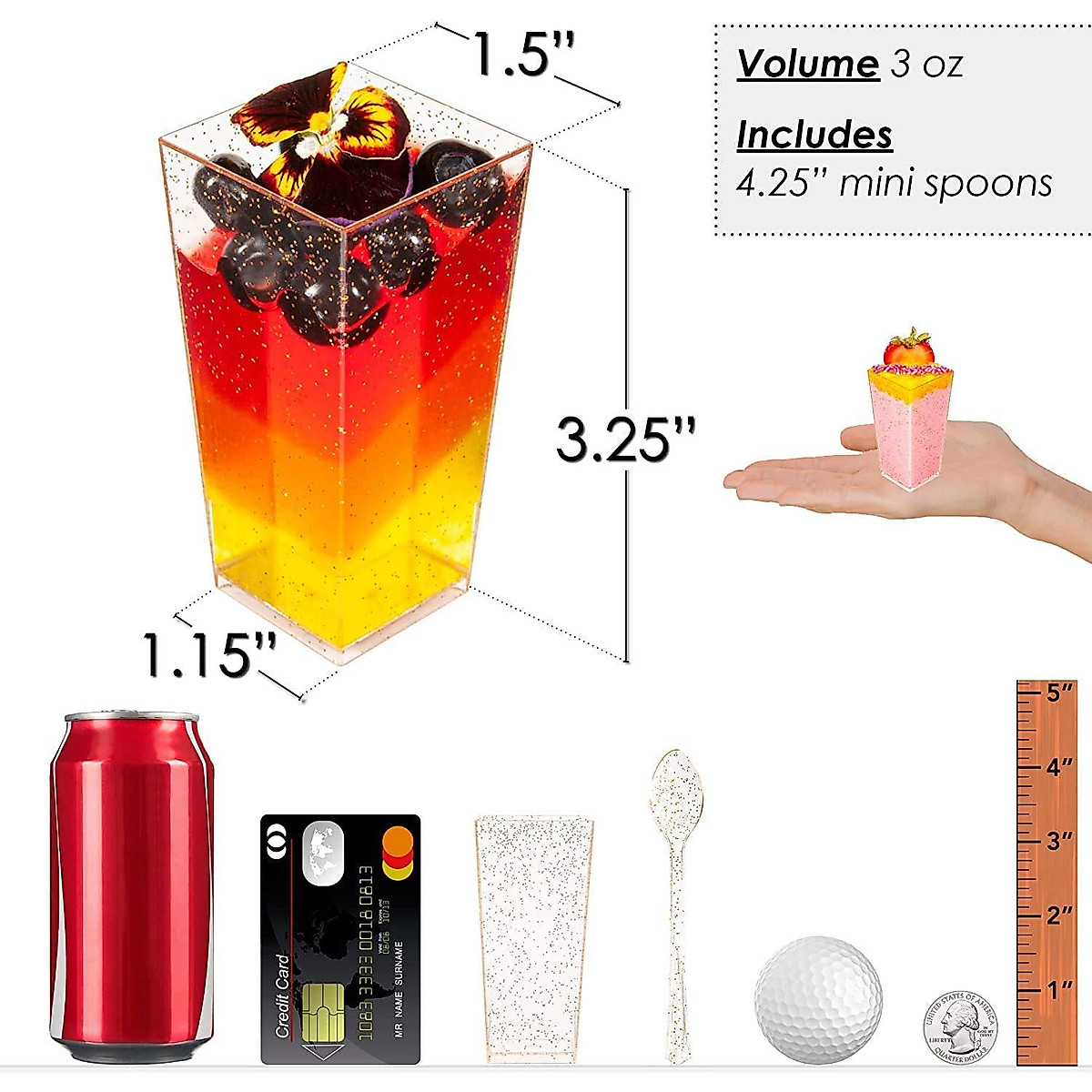 DLux 50 x 3 oz Mini Dessert Cups with Spoons, Square Tall - Glitter Plastic Parfait Appetizer Cup - Small re-usable Serving Bowl for Tasting Party Desserts Appetizers - with Recipe Ebook