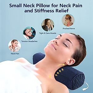 Neck Roll Pillows for Pain Relief Sleeping, Heated Memory Foam Cervical Neck Support Pillow for Bed with USB Graphene Heating for Stiff Neck Pain Relief (Dark Blue)