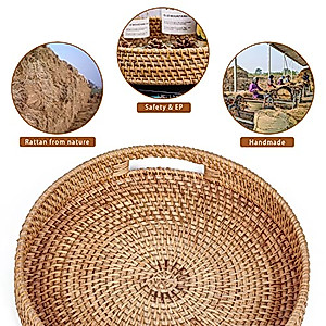 Rattan Round Serving Tray with Handles Large Hand Woven Wicker Basket Tray for Food,Dinner,Breakfast,Coffee Table,Ottoman (Set of 2)