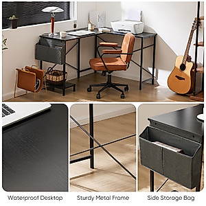 DUMOS L Shaped, Computer Corner PC Gaming Table with Side Storage Bag, Sturdy Desk for Home Office Writing Workstation, 50 Inch, Black