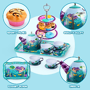 JOYIN 35Pcs Mermaid Tea Party Set for Little Girls, Pretend Tin Teapot Set, Princess Tea Time Play Kitchen Toy with Dessert, Doughnut, Carrying Case for Birthday Easter Gifts Kids Toddlers Age 3 4 5 6