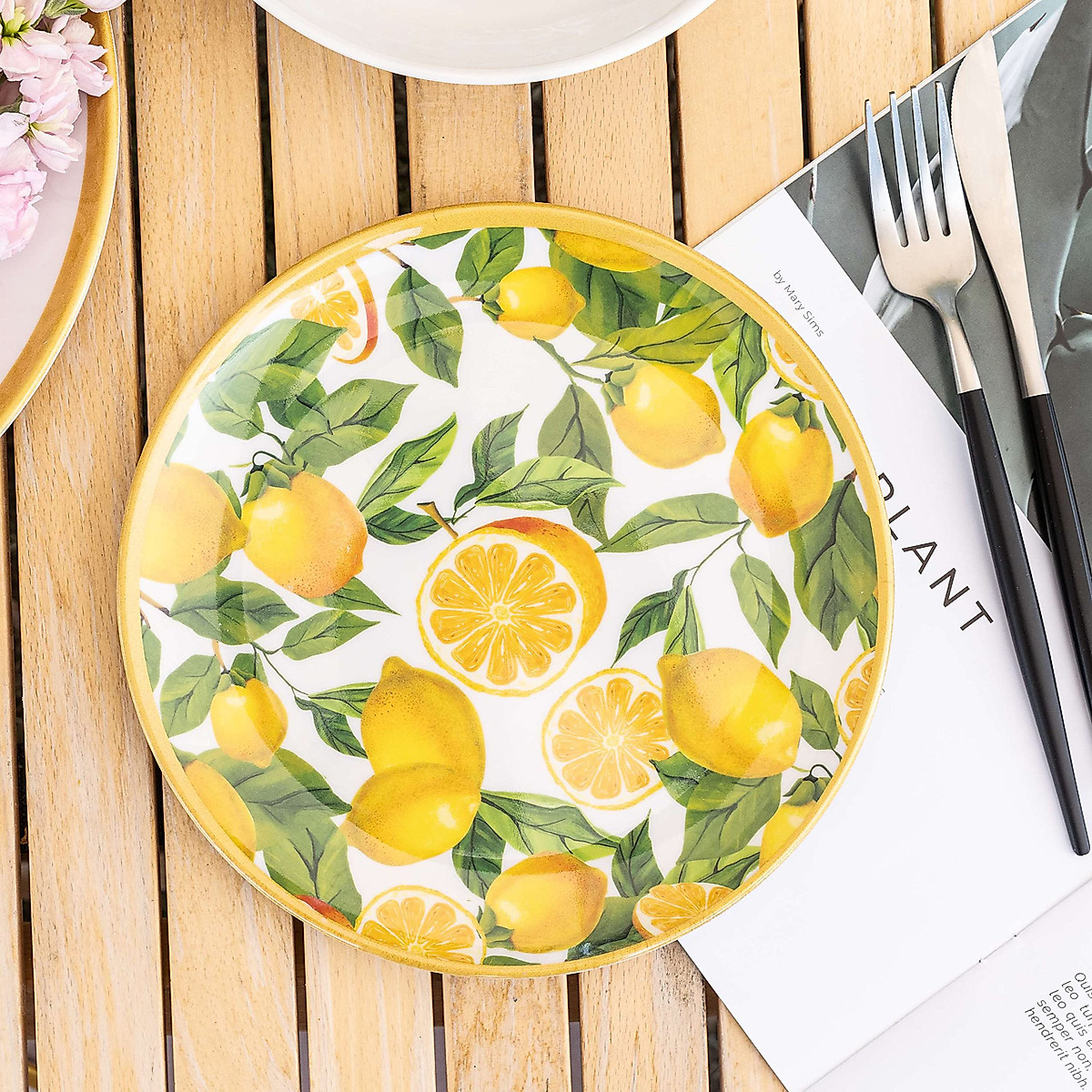 Melamine Dinnerware Sets- 12pcs Melamine Plates and Bowls Set for 4,Indoor and Outdoor Dinnerware, Lemon dinnerware set