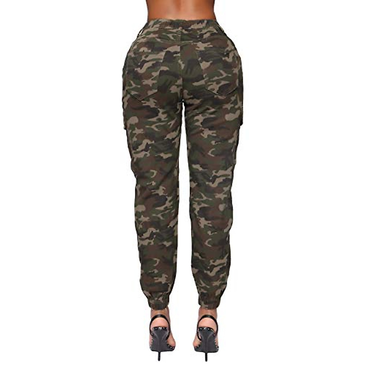 Double Denim Women's High Waist Jogger Pants - Casual Cargo Elastic Waistband Sweatpants Tapered Fatigue with 6 Pockets SCP-2049 Camo XL