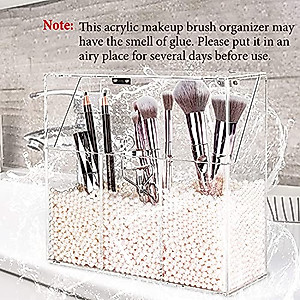 YestBuy Acrylic Makeup Brush Holder, Clear Makeup Brush Organizer For Vanity, Cosmetic Brush Storage Box with Pink Pearls, For Bathroom, Bedroom, Vanity Countertop
