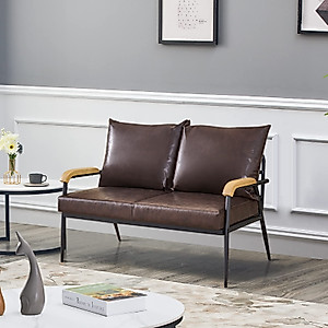 CLIPOP Mid Century Modern Accent Chair, Loveseat Sofa with Removable Backrest and Cushion, Upholstered Faux Leather Couch with Solid Wood Armrest Metal Frame Easy-Assembly, 43" W, Dark Brown