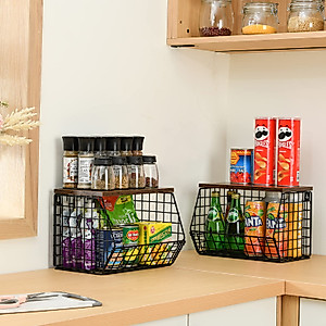 Wetheny 2pcs Fruit Basket Onion Storage Wire Basket with Wood Top- Wall Mounted & Stackable Kitchen Counter Organizer,Cabinet Organizer Bin for Potato,Produce,Bread,Snack Storage(Matte Black)