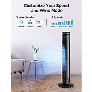 PELONIS 42’’ Oscillating Tower Fan with Aromatherapy Diffuser, Remote Control, 5 Speed Settings with 3 Modes LED Display for Bedroom Home Office Use, Black