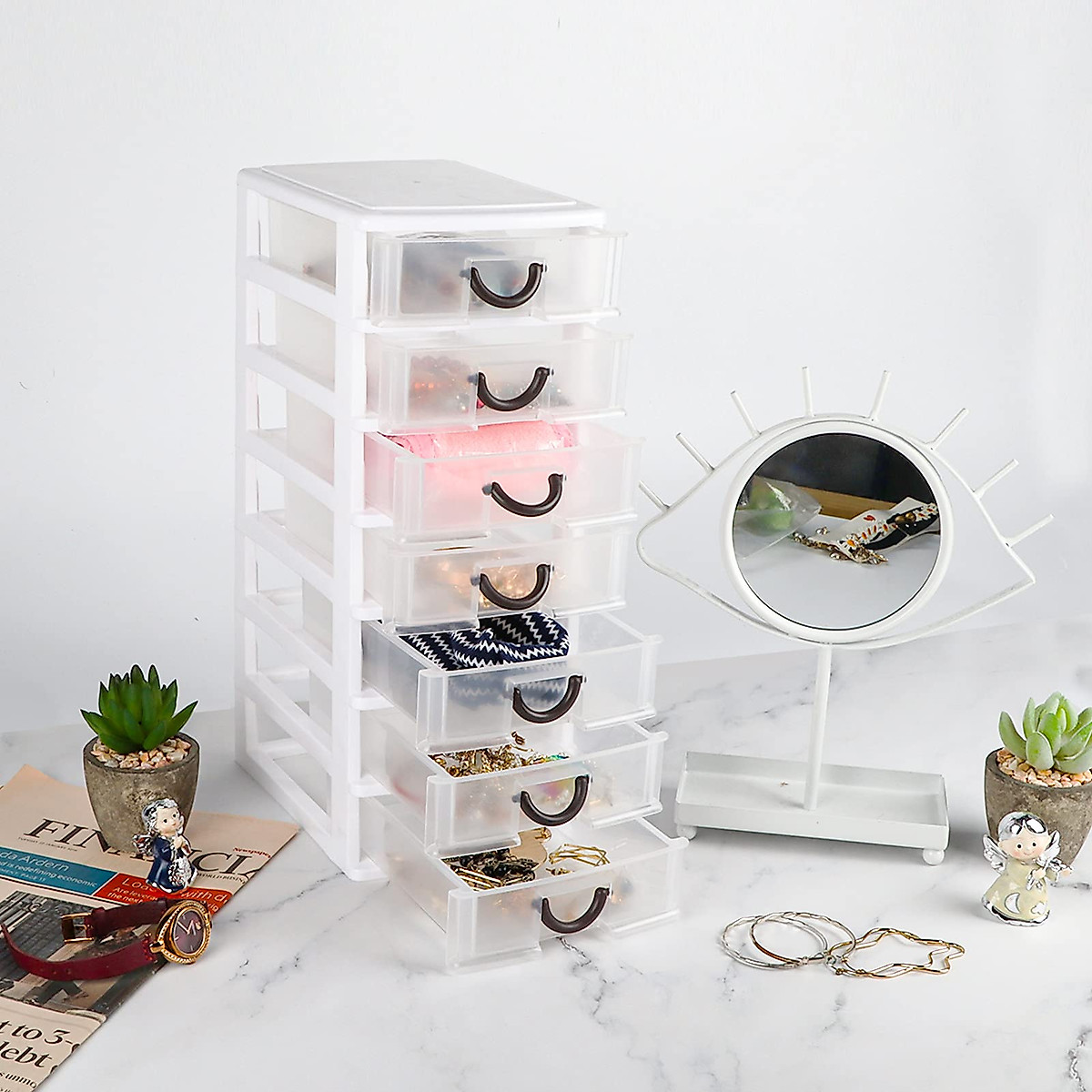 Rempry 7.1"x5.1"x13.2" Mini Organizer Box Storage Container Case with 7 Clear Desktop Drawer Units,White