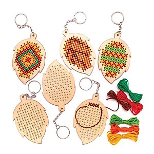 Baker Ross AW843 Leaf Wooden Cross Stitch Keyring Kits - Pack Of 5, Fall And Winter Arts And Crafts