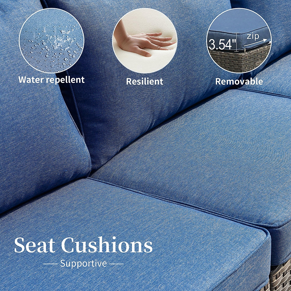 HOOOWOOO 11 Piece Patio Sectional Furniture Set with Fire Pit Table,Modern Wicker Outdoor Conversation Sofa Sets,Weather Resistant Modular L Shaped Outside Couch Swivel Chair Set(Denime Blue)