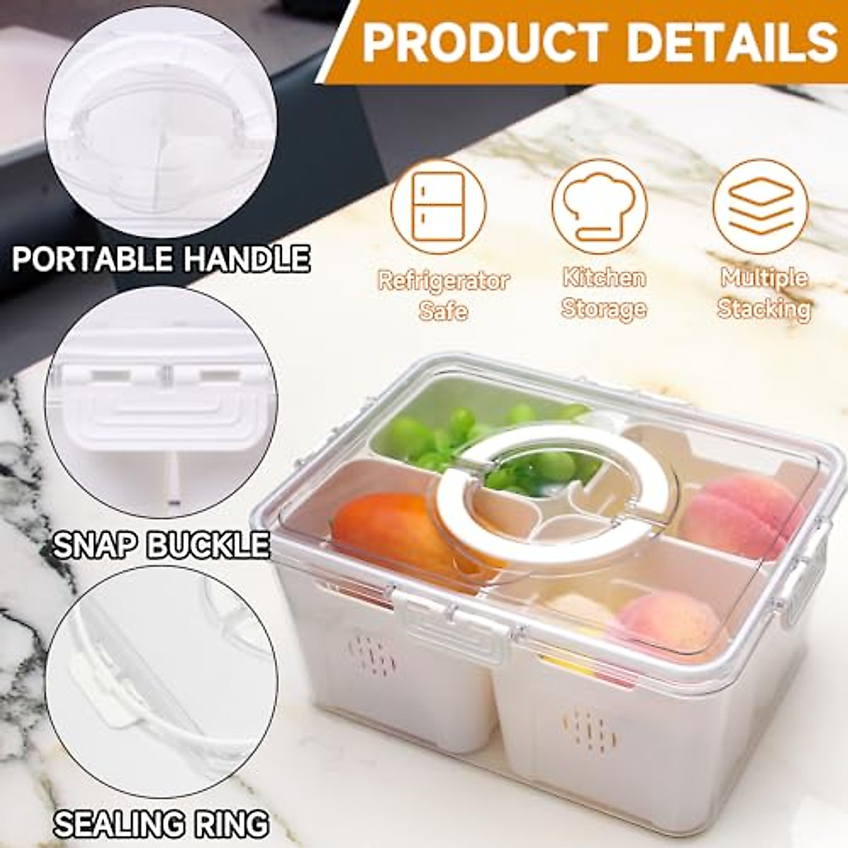 Fruit Storage Containers for Fridge with Lid: Produce Food Fresh-Keeping Colanders with Handles, Refrigerator Organizer Corn Pepper Berry Vegetable Veggies Fruits Saver with 4 Compartments Storage